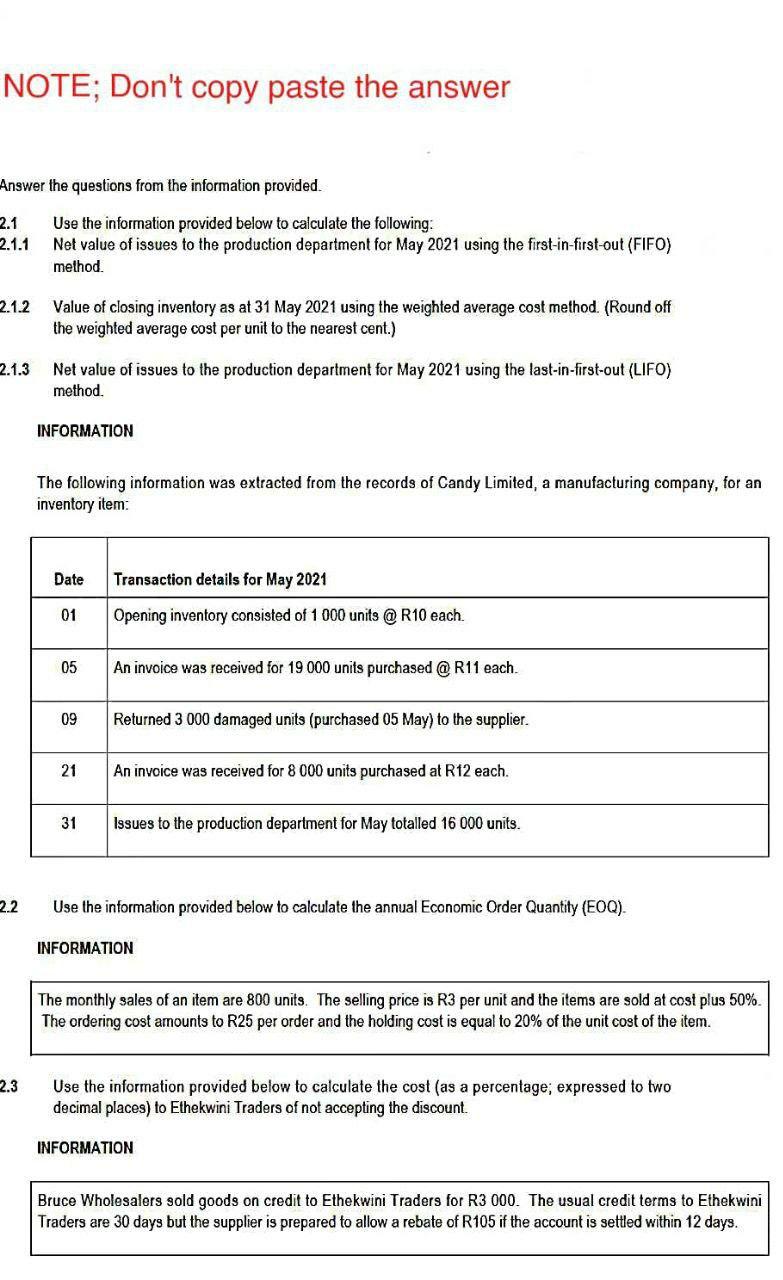 Solved NOTE; Don't copy paste the answer Answer the | Chegg.com