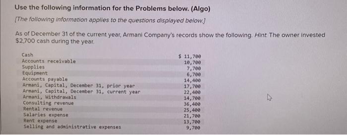 Solved Use the following information for the Problems below. | Chegg.com