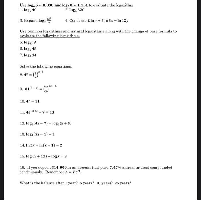 Solved Use log, 5 0.898 and log, 8 1.161 to evaluate the | Chegg.com