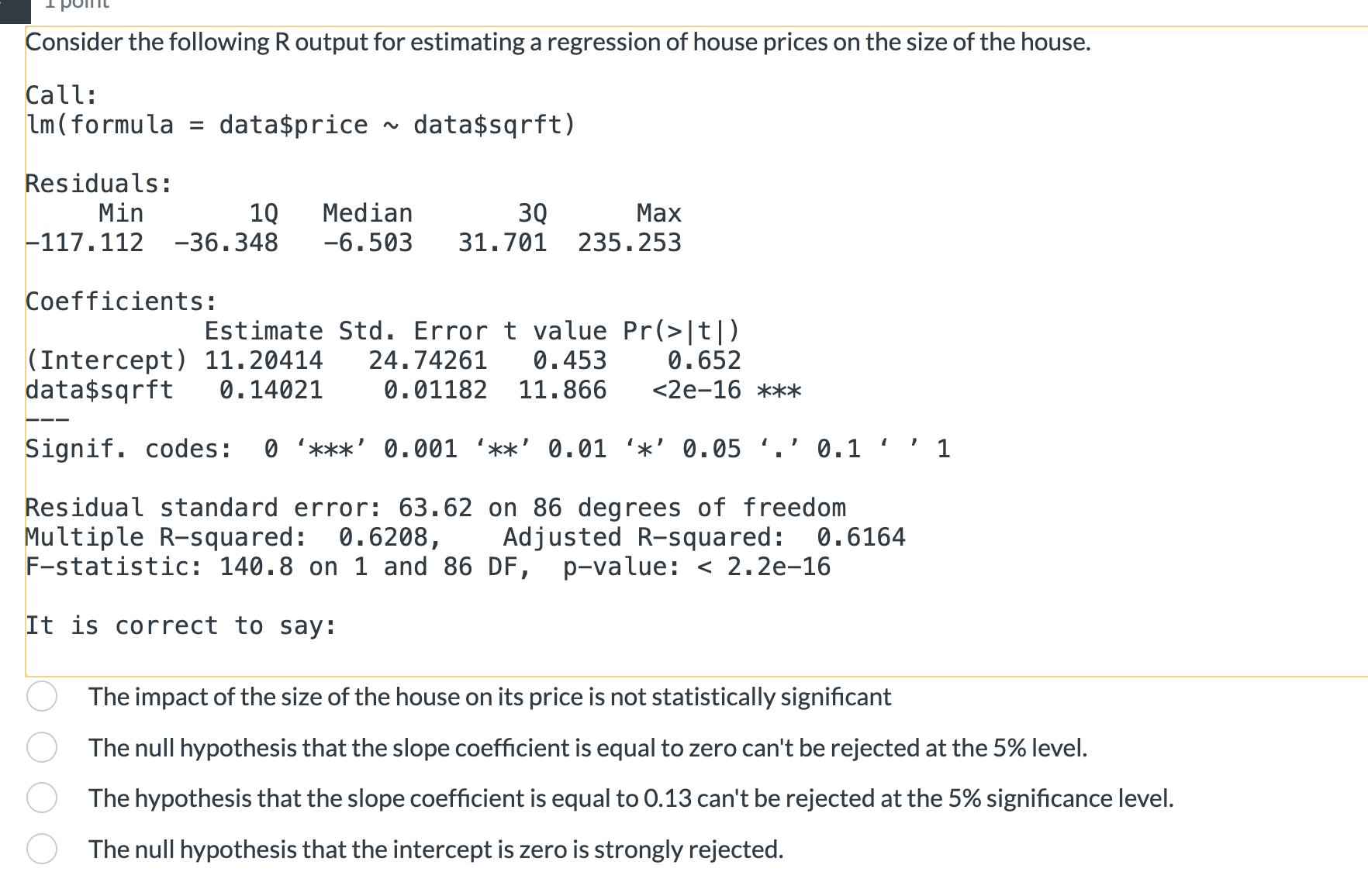 Solved Consider The Following R output For Estimating A