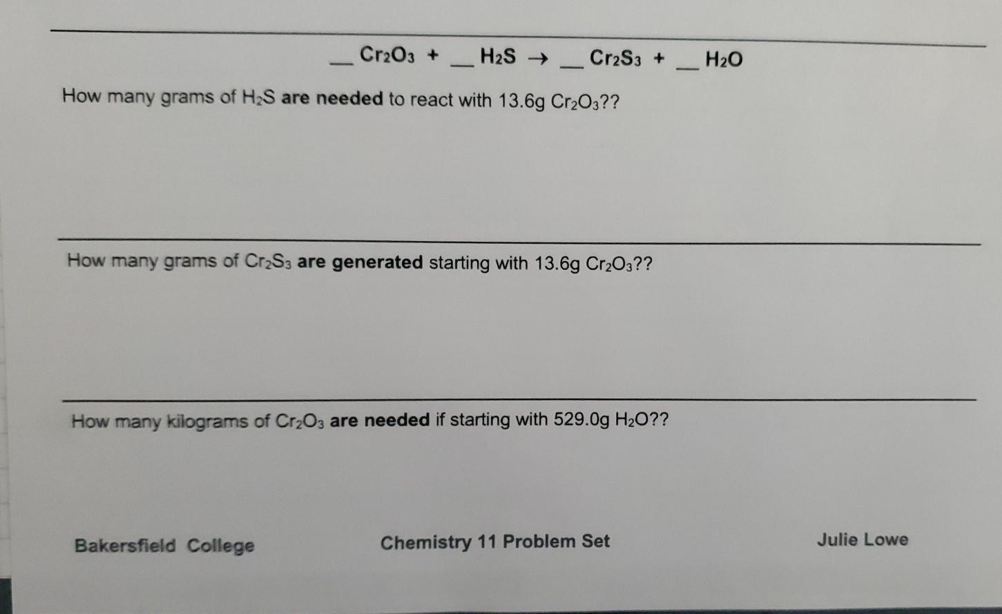 Solved Name Chemistry 11 Stoichiometry Problem Set Lab Use | Chegg.com