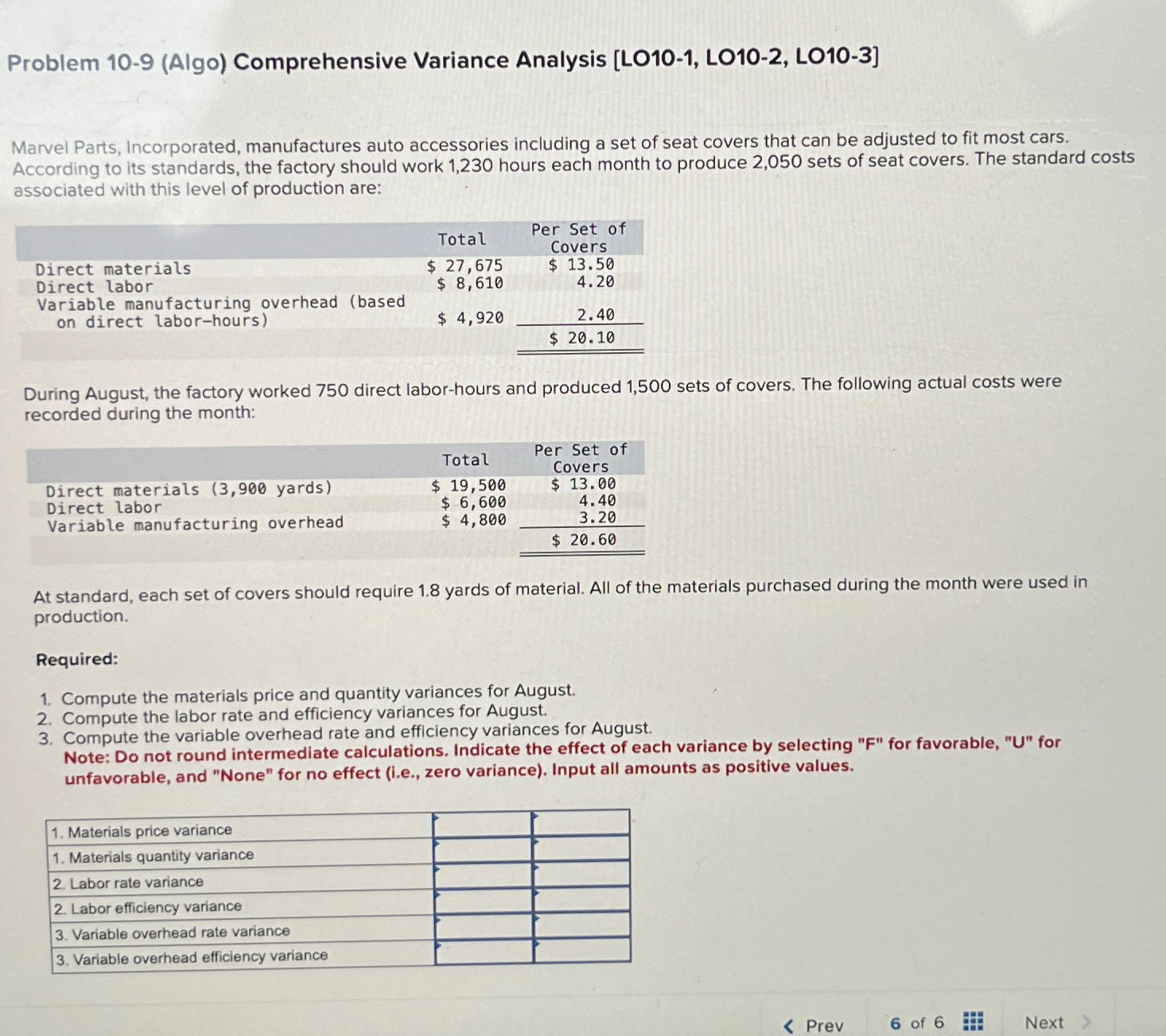 Solved Problem 10-9 (Algo) ﻿Comprehensive Variance Analysis | Chegg.com