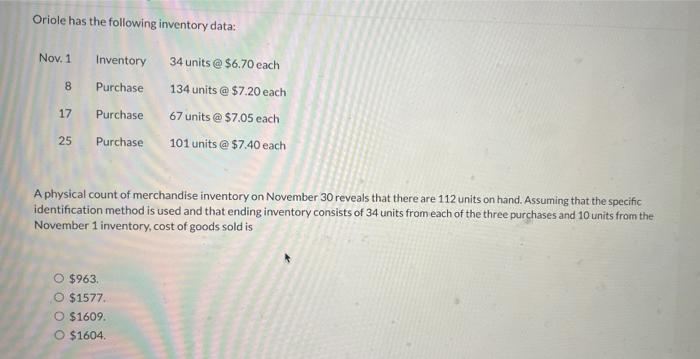 Solved Oriole has the following inventory data: Nov. 1 | Chegg.com