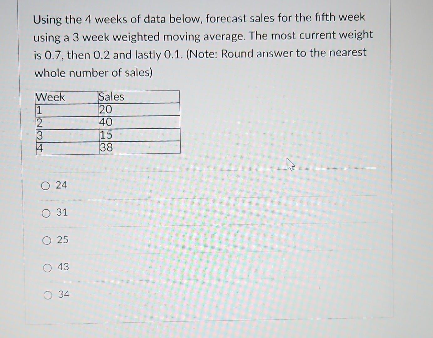 Solved Using the 4 weeks of data below, forecast sales for | Chegg.com