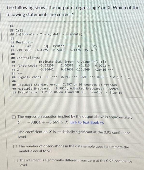 Solved The following shows the output of regressing Y on X. | Chegg.com
