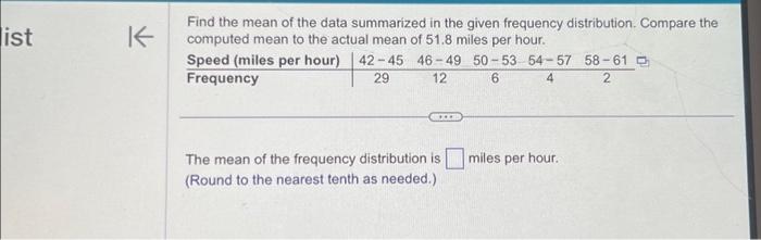 Solved Find the mean of the data summarized in the given | Chegg.com