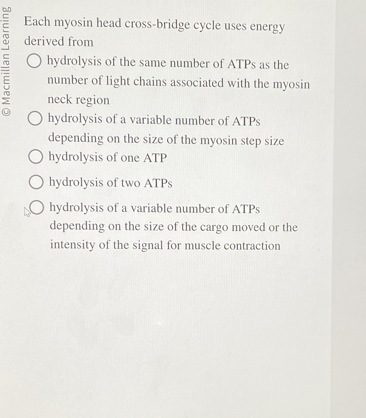 Solved Each myosin head cross-bridge cycle uses energy | Chegg.com