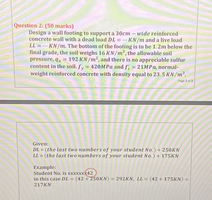 Solved question 2: (50 marks) Design a wall footing to | Chegg.com
