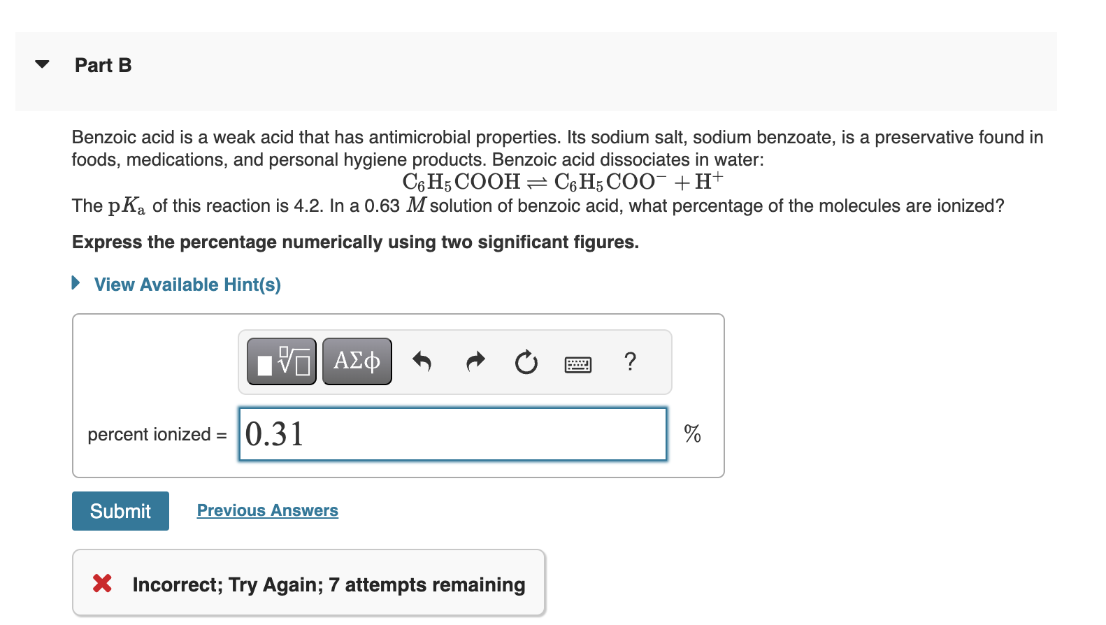Solved Thank you in advance!Part BBenzoic acid is a weak | Chegg.com
