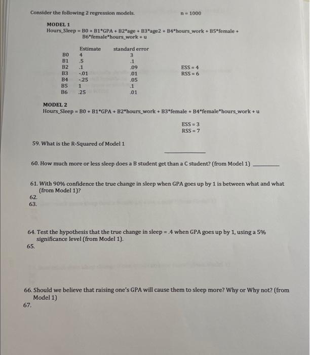 Solved Consider the following 2 regression models. n=1000 | Chegg.com