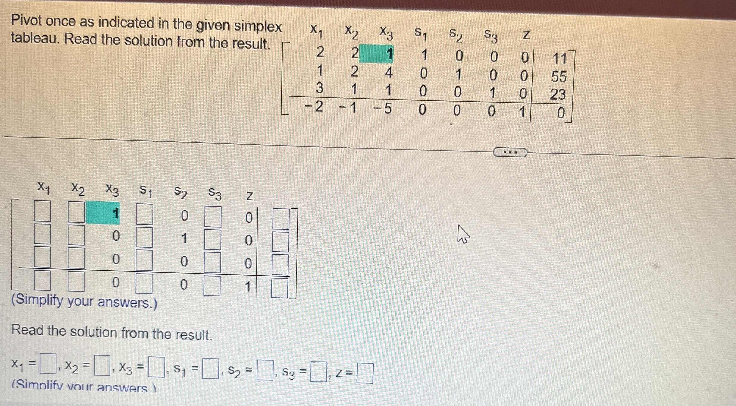 Solved Pivot once as indicated in the given simplex | Chegg.com