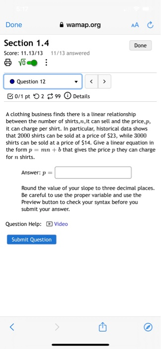 Solved Done wamap.org AA с Done Section 1.4 Score: 11.13/13 | Chegg.com