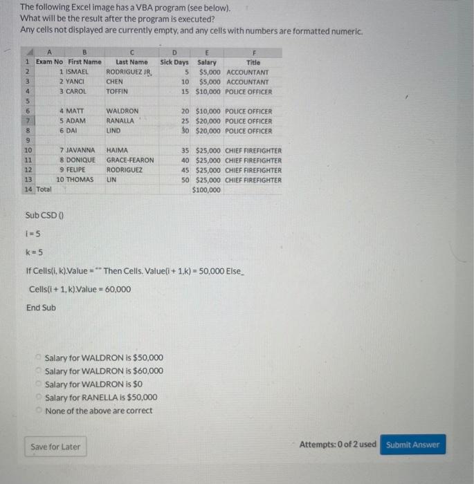 Solved The following Excel image has a VBA program (see | Chegg.com