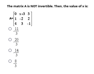 Solved The matrix A ﻿is NOT invertible. Then, the value of x | Chegg.com