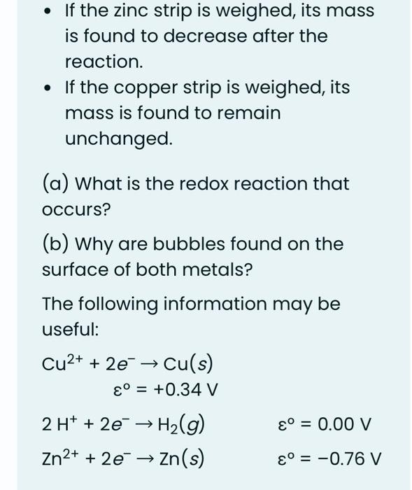 Solved A strip of copper is joined to a strip of zinc, and | Chegg.com