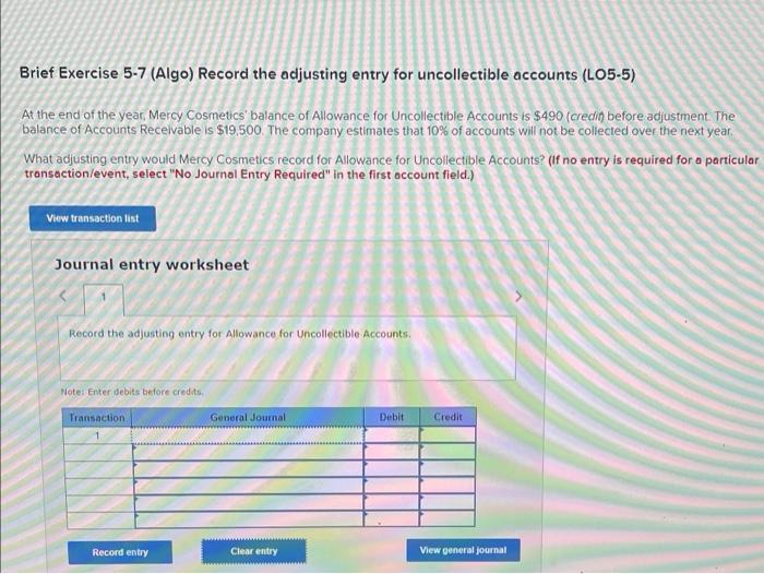 Solved Brief Exercise 5-7 (Algo) Record the acjusting entry | Chegg.com