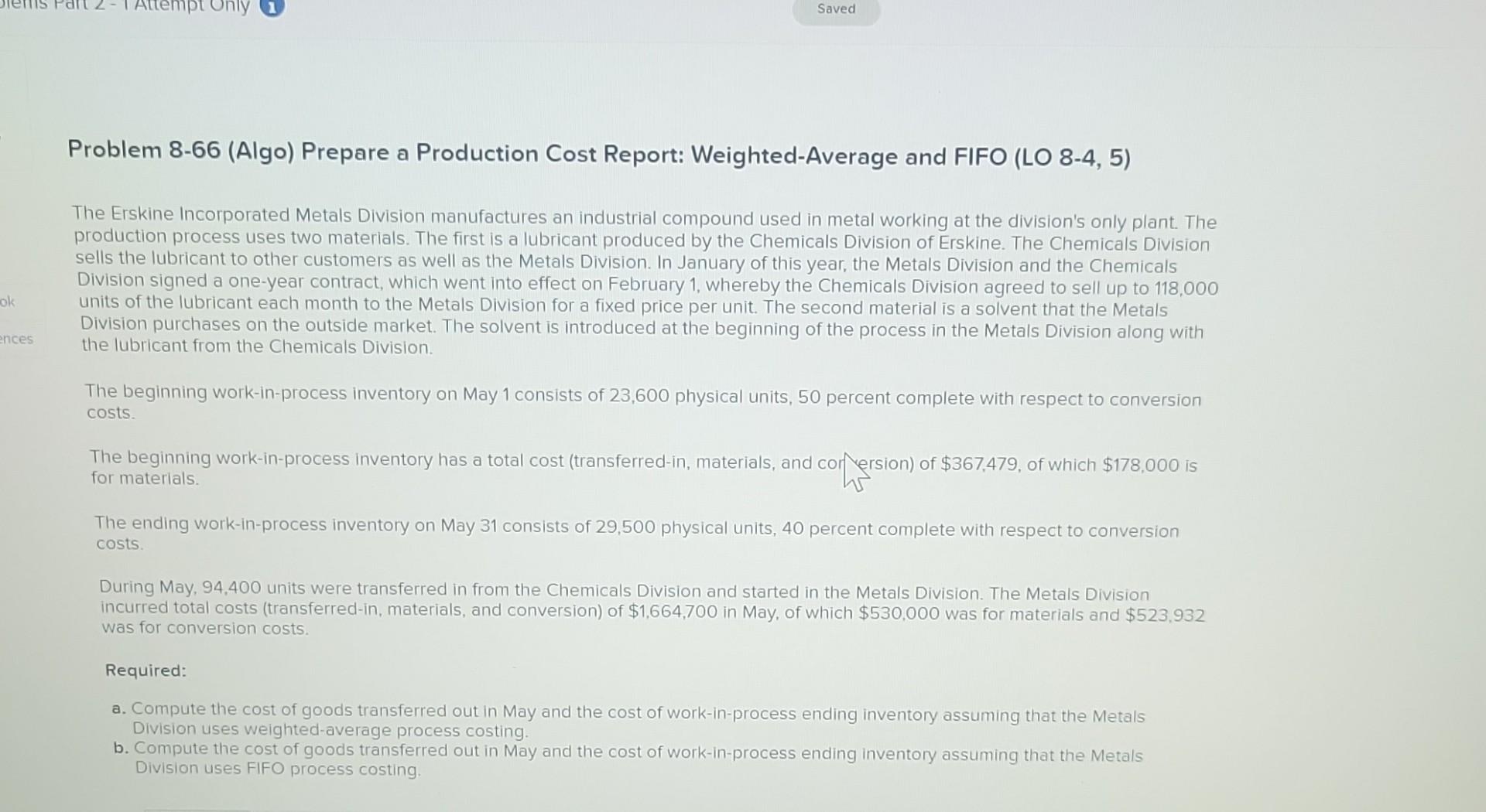 Solved Problem 8-66 (Algo) Prepare a Production Cost Report: | Chegg.com