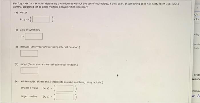Solved For f(x)=6x2+48x+78, determine the following without | Chegg.com