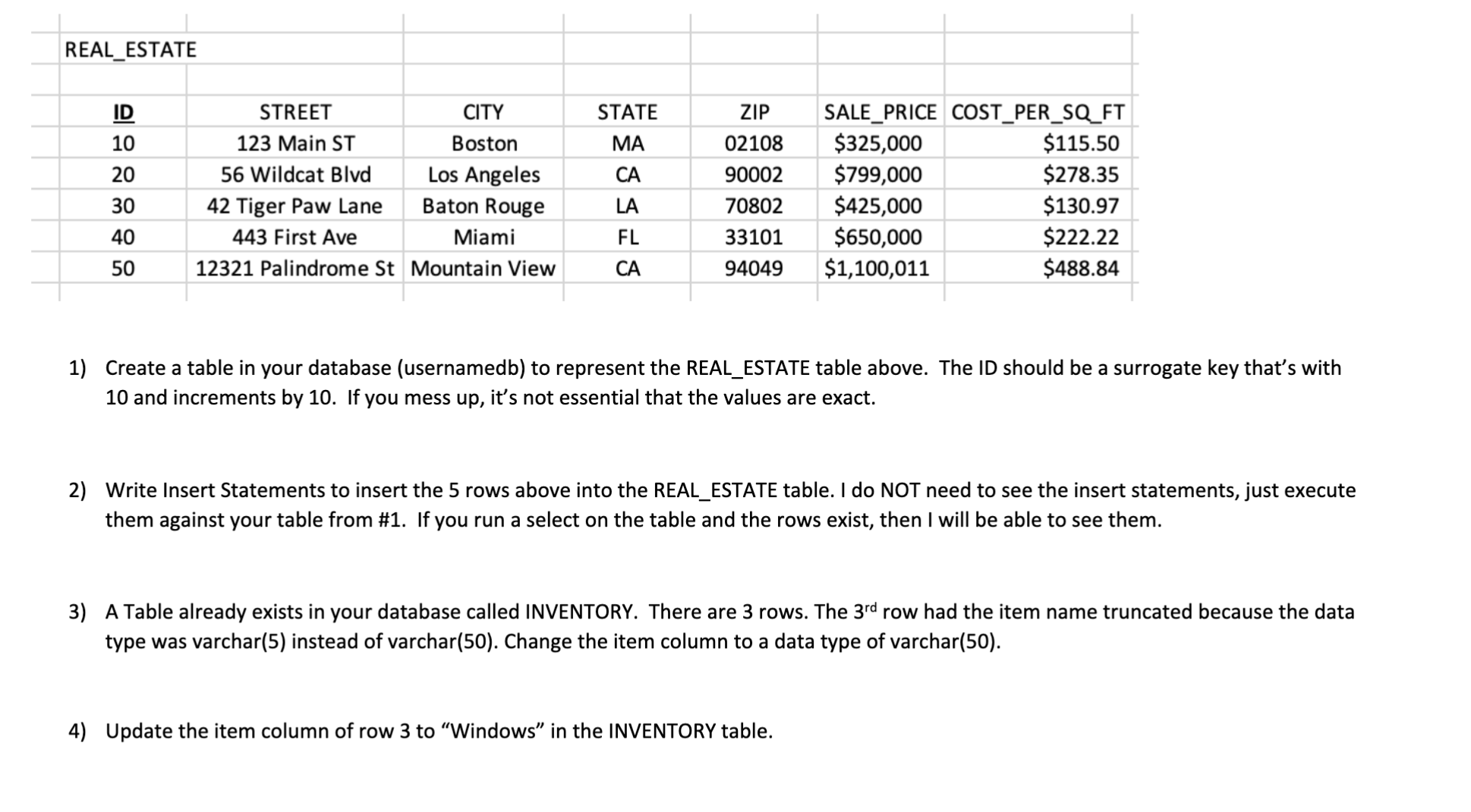 Solved Create a table in your database (usernamedb) ﻿to | Chegg.com