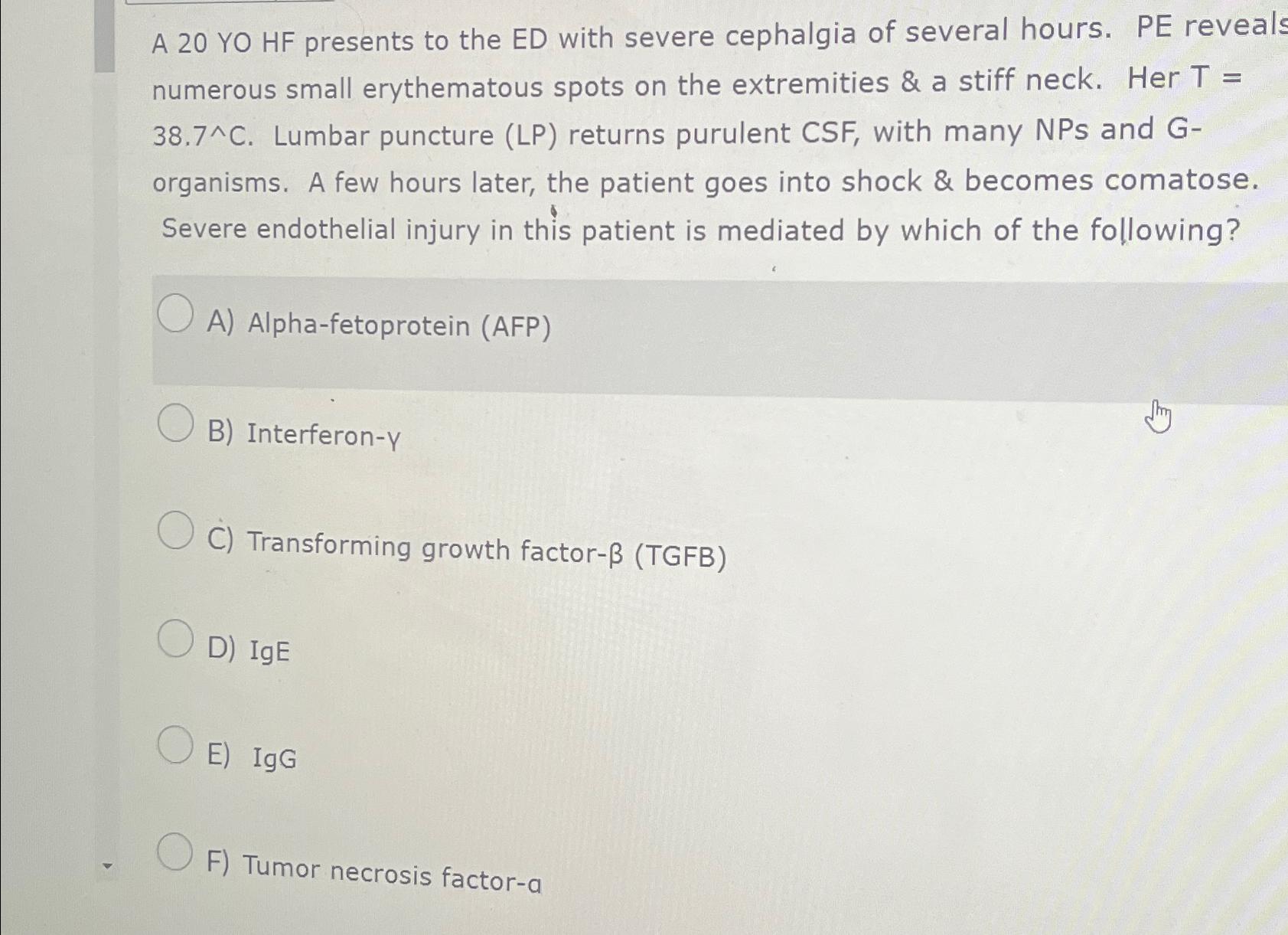 Solved A 20 ﻿YO HF presents to the ED with severe cephalgia | Chegg.com