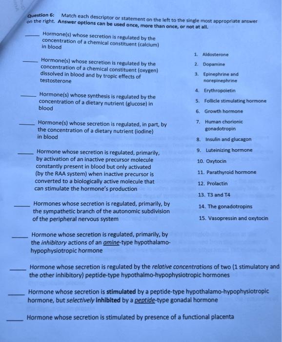 Solved Question 6: Match each descriptor or statement on the | Chegg.com