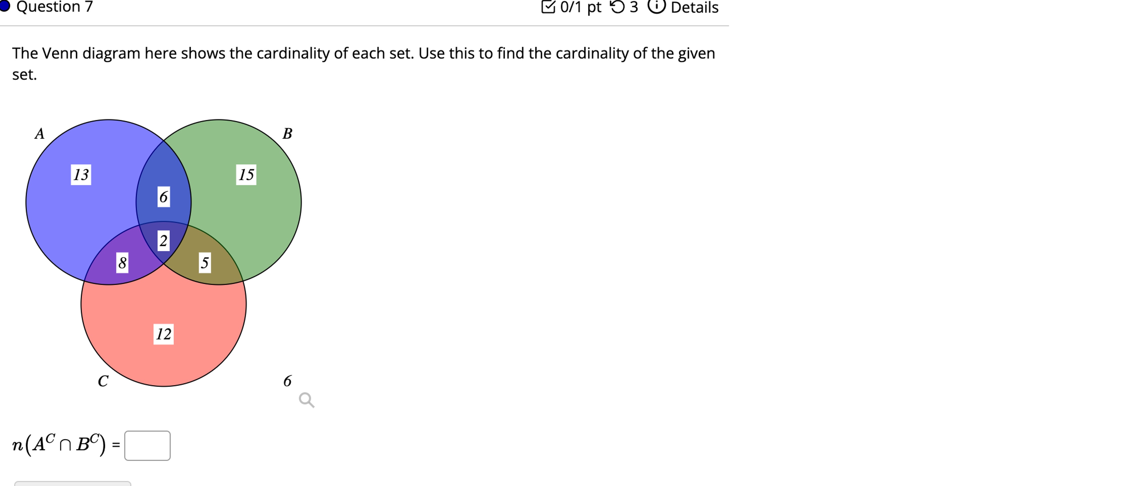 Solved Question 7The Venn diagram here shows the cardinality | Chegg.com
