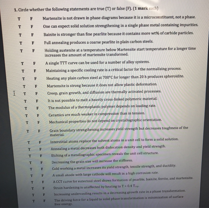 Solved 1. Circle whether the following statements are true | Chegg.com