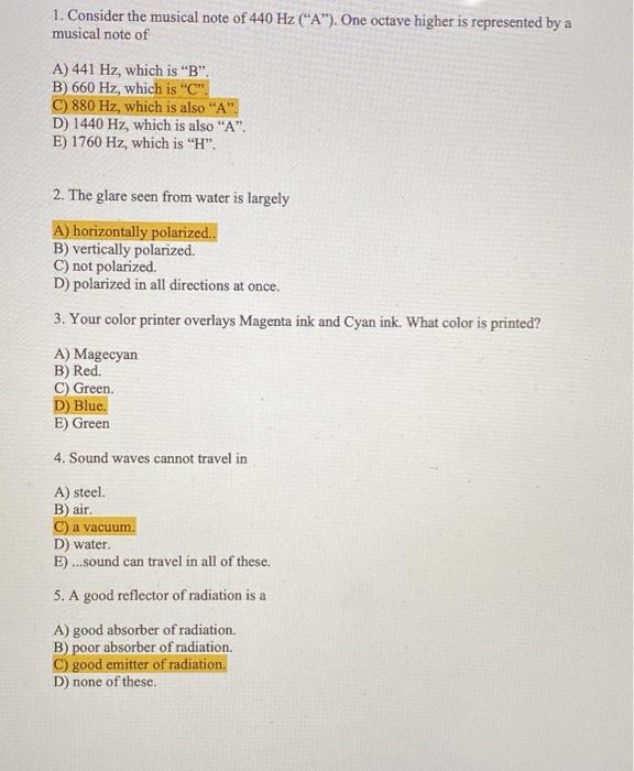 Solved 1. Consider the musical note of 440 Hz ("A"). One | Chegg.com