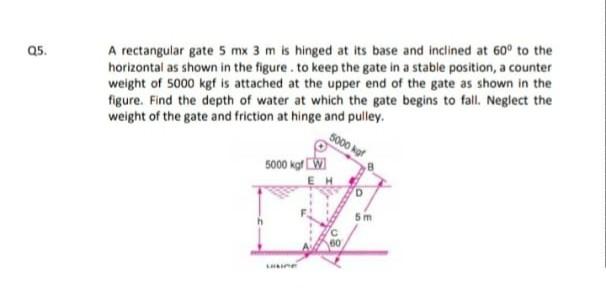 Solved Q5. A rectangular gate 5 mx 3 m is hinged at its base | Chegg.com