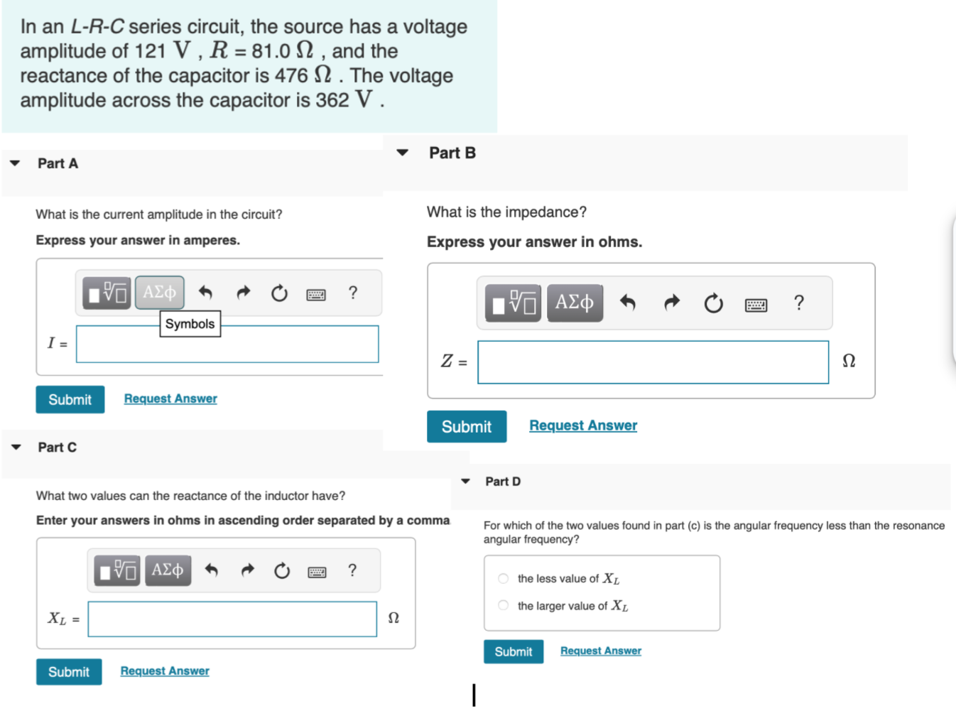 Solved In an L-R-C ﻿series circuit, the source has a | Chegg.com