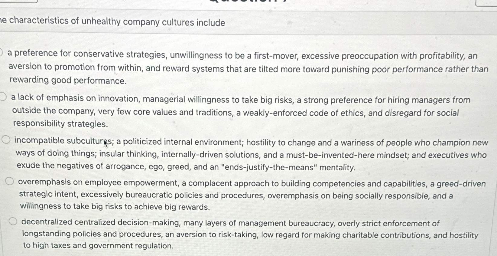 Solved The characteristics of unhealthy company cultures | Chegg.com