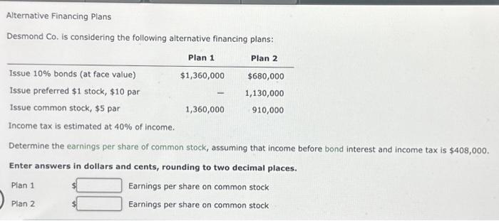 Solved Alternative Financing Plans Desmond Co, is | Chegg.com