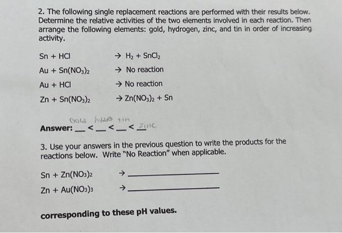 2. The following single replacement reactions are | Chegg.com