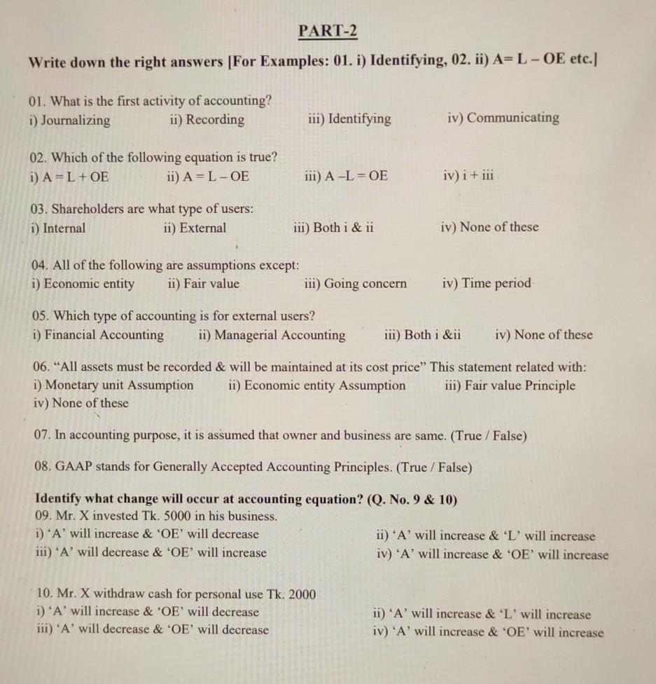 Solved PART-2 Write down the right answers (For Examples: | Chegg.com