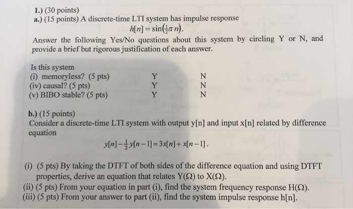 Solved 1.) (30 points) a.) (15 points) A discrete-time LTI | Chegg.com