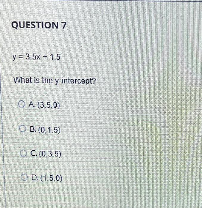 Solved QUESTION 7 y=3.5x+1.5 What is the y-intercept? A. | Chegg.com