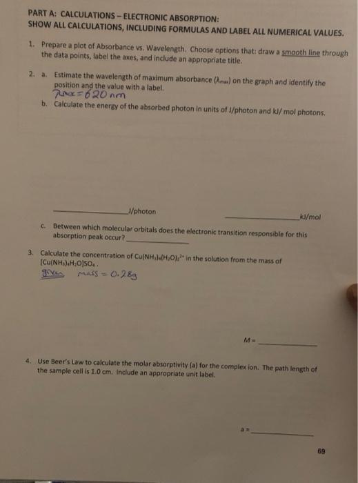 PART A: CALCULATIONS - ELECTRONIC ABSORPTION: SHOW | Chegg.com