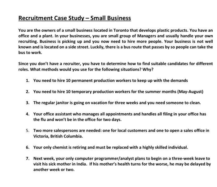 Solved Recruitment Case Study - Small Business You are the | Chegg.com