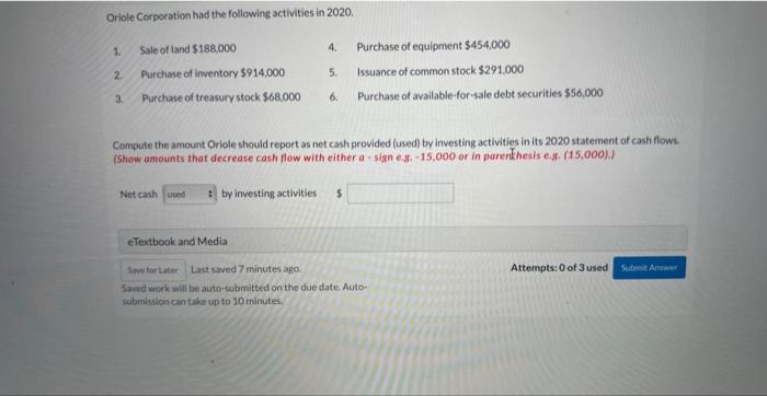 Solved Oriole Corporation had the following activities in | Chegg.com