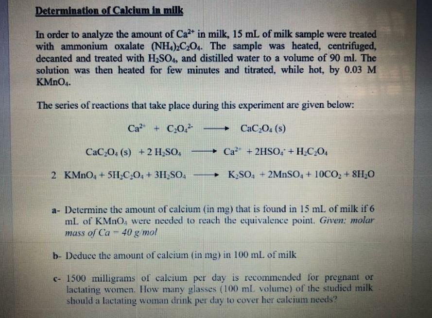 Solved Determination of Calcium in milk In order to analyze | Chegg.com