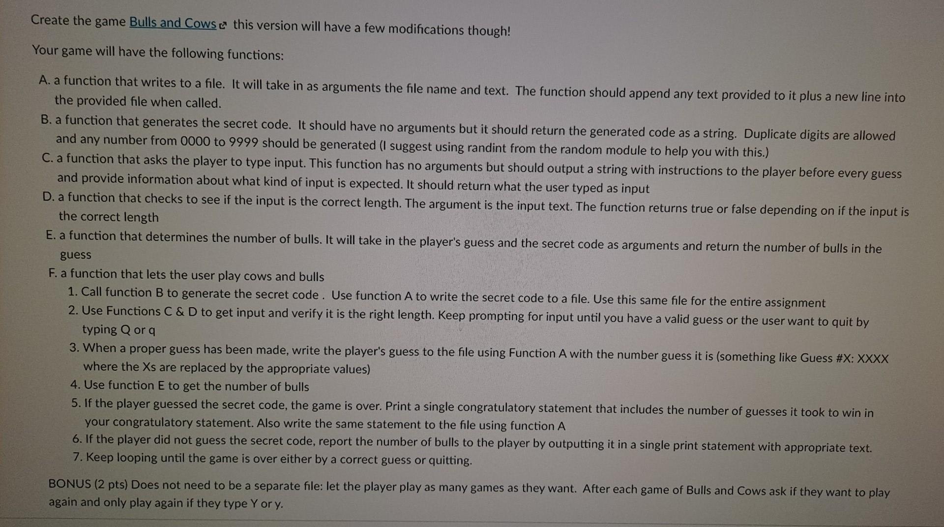 Create the game Bulls and Cowse this version will | Chegg.com