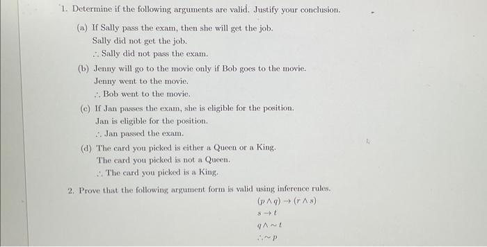 Solved 1. Determine if the following arguments are valid. | Chegg.com