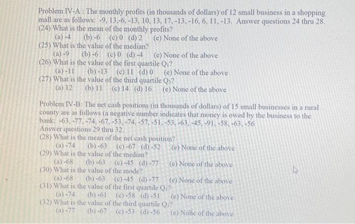Solved Problem IV-A : The monthly profits (in thousands of | Chegg.com