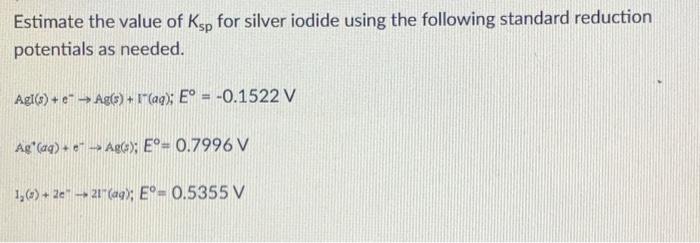 Estimate the value of Ksp for silver iodide using the | Chegg.com