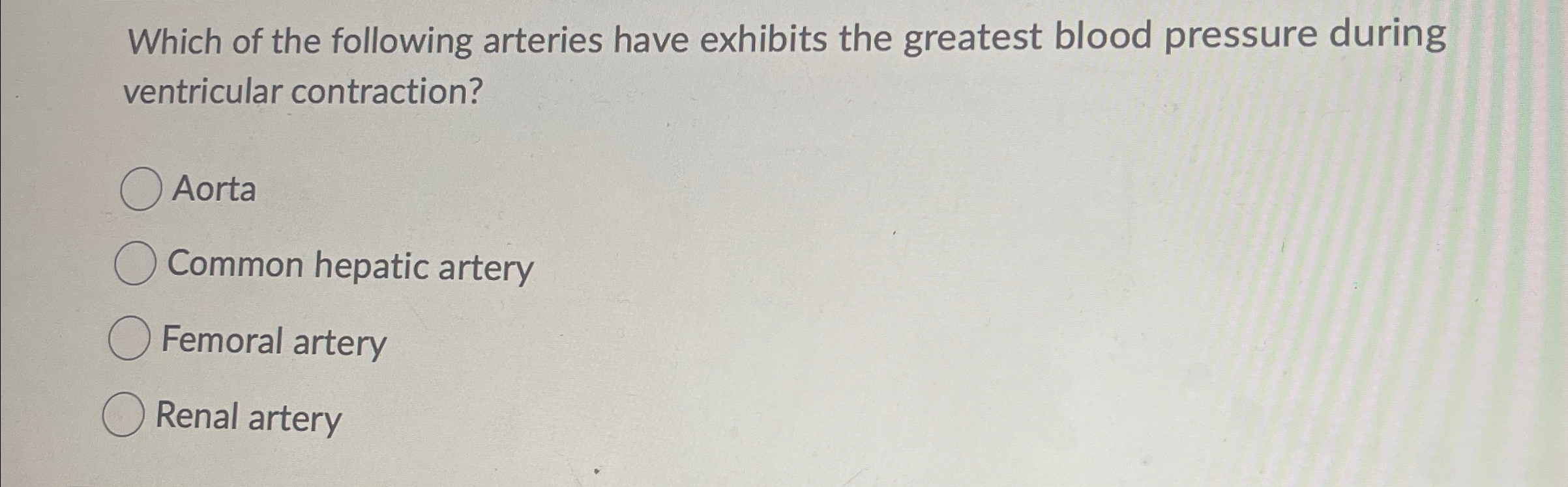 Solved Which of the following arteries have exhibits the | Chegg.com