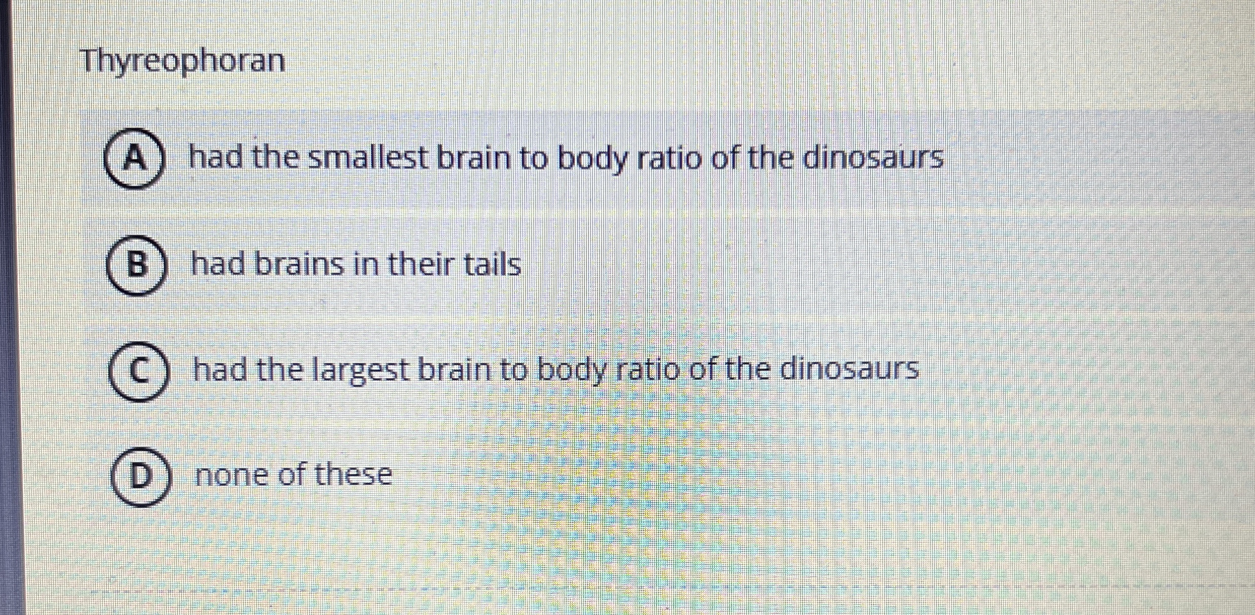 Solved ThyreophoranA) ﻿had the smallest brain to body ratio | Chegg.com
