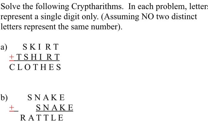Solved Solve the following Cryptharithms. In each problem, | Chegg.com