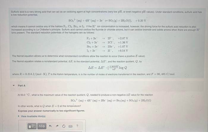 Solved SO42−(aq)+4H+(aq)+2e−SO2( g)+2H2O(I),+0.20 V | Chegg.com
