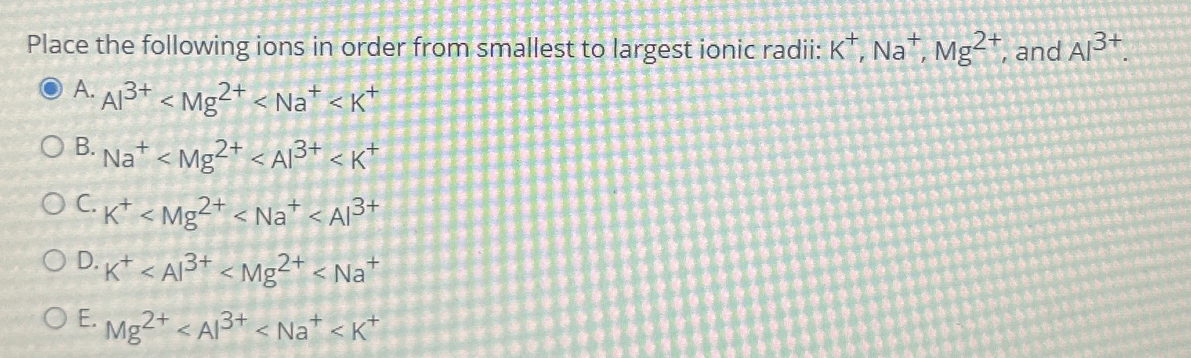 Solved Place the following ions in order from smallest to | Chegg.com