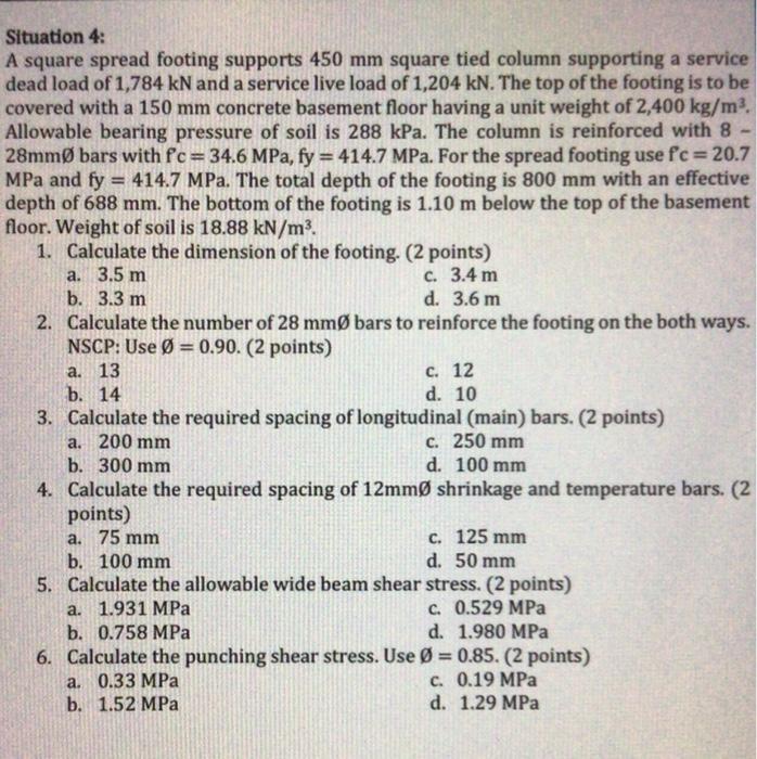Solved A square spread footing supports 450 mm square tied | Chegg.com